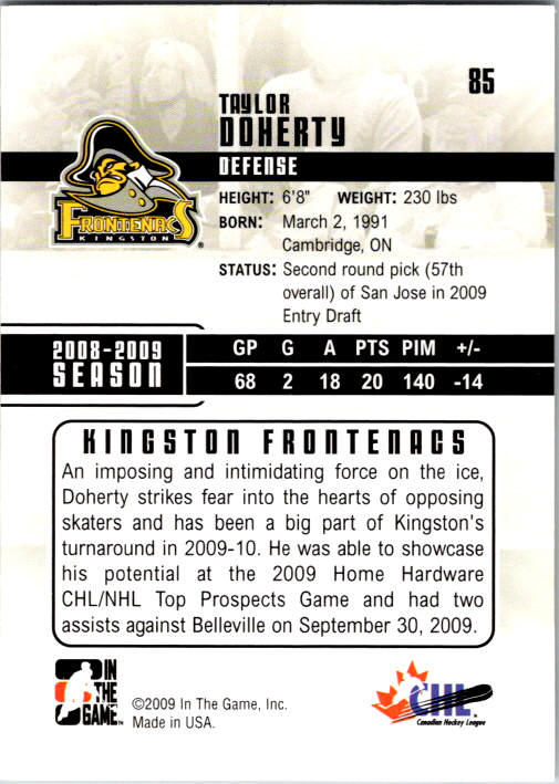 Taylor Doherty 2009 In The Game Heroes and Prospects #85 Kingston ...