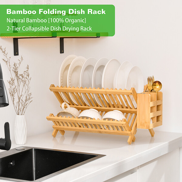 2-Tier Bamboo Dish Drying Rack with Utensil Holder, Collapsible Wooden ...