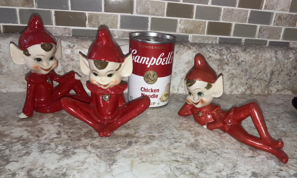 3 Vintage Thames Ceramic Pixie Elf 5” Large Figurine 1950’s Christmas ...