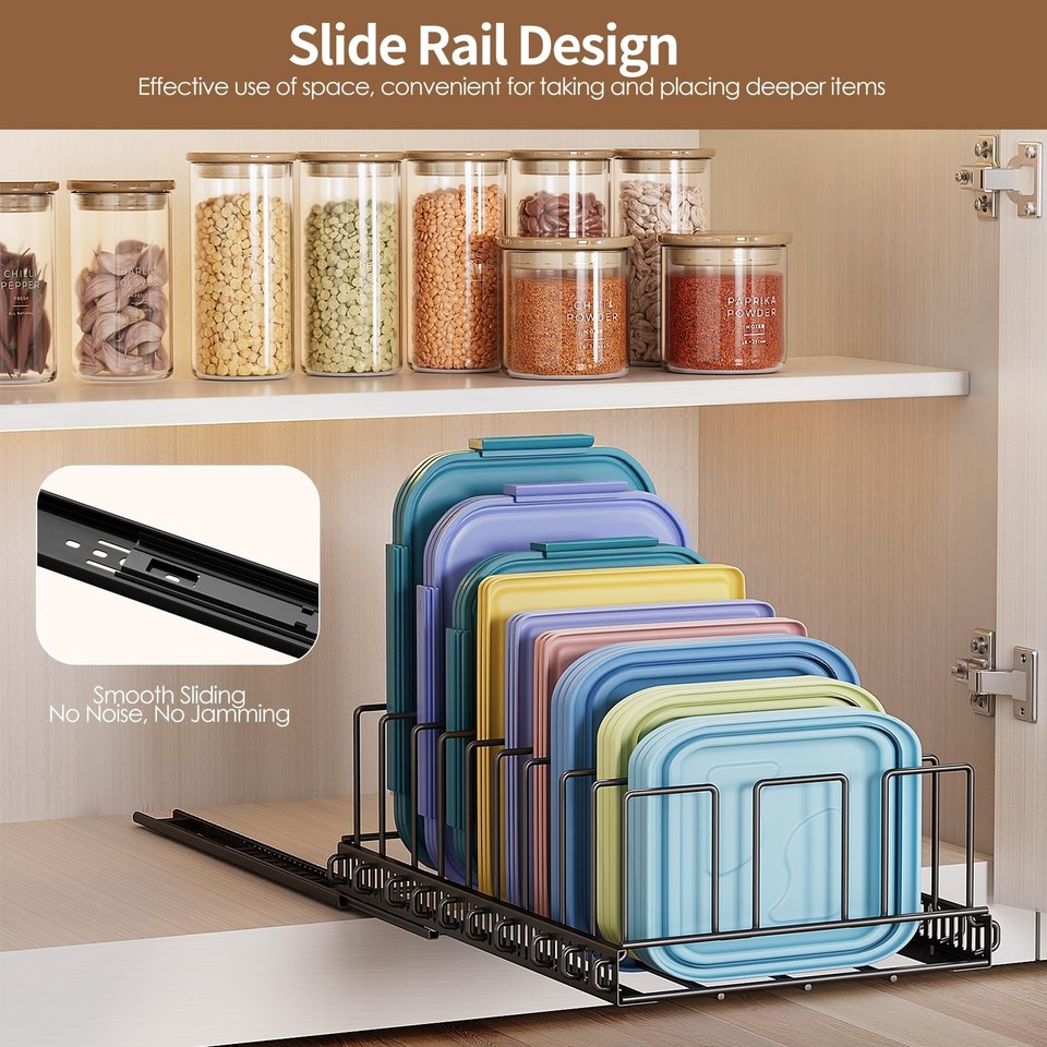Pull Out Food Container Lid Organizer with Sliding Rail, Slide Out ...