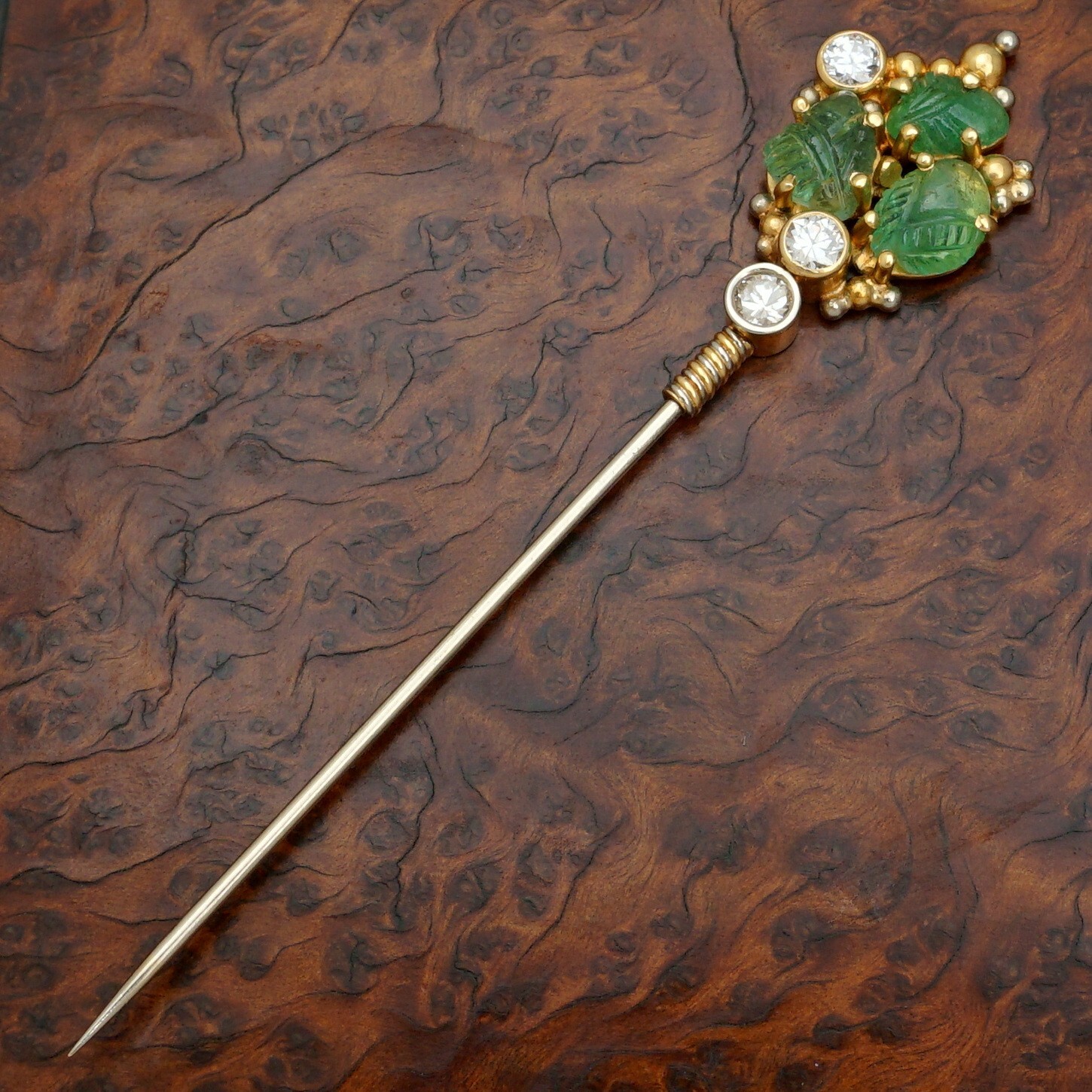 Antique Carved Emerald & Diamond 18K Gold Stick Pin - Gem