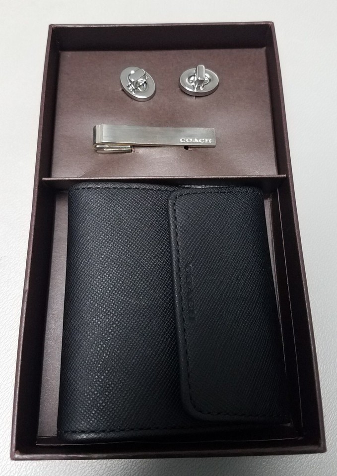 COACH NEW BOX MEN GIFT SET SILVER TONE CUFFLINKS, TIE BAR LEATHER ...