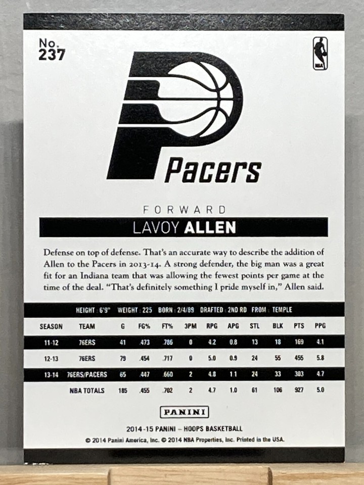 2014-15 NBA Hoops Blue #237 Lavoy Allen /349 Indiana Pacers 1278 | eBay