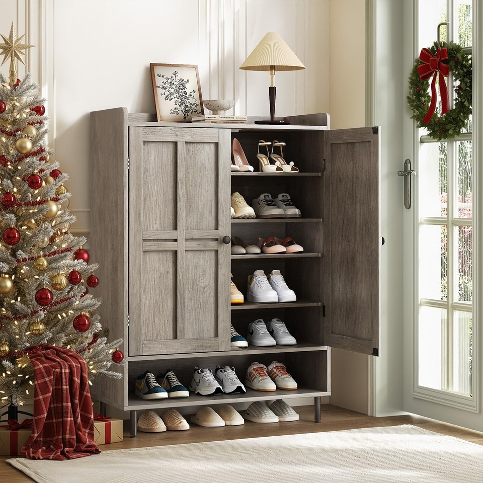 Grey 7+1 Tier Farmhouse Shoe Storage Cabinet - 45" Tall Entryway ...
