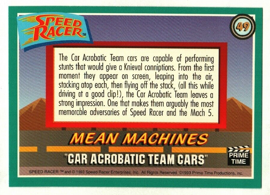 1993 SPEED RACER TRADING CARD #49 - MEAN MACHINES: CAR ACROBATIC TEAM ...