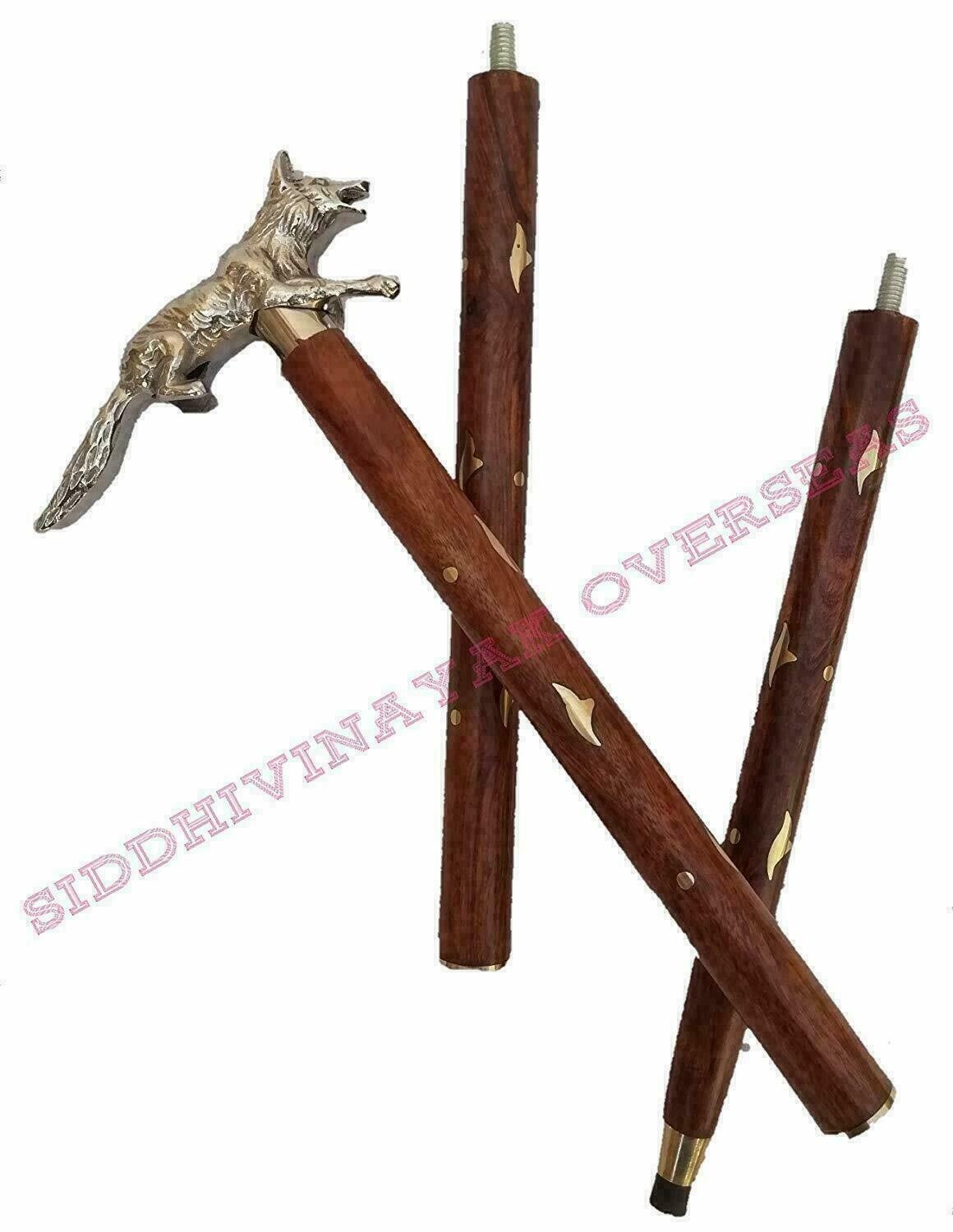 Antique Brass Silver wolf head handle Wooden cane Wal… - Gem