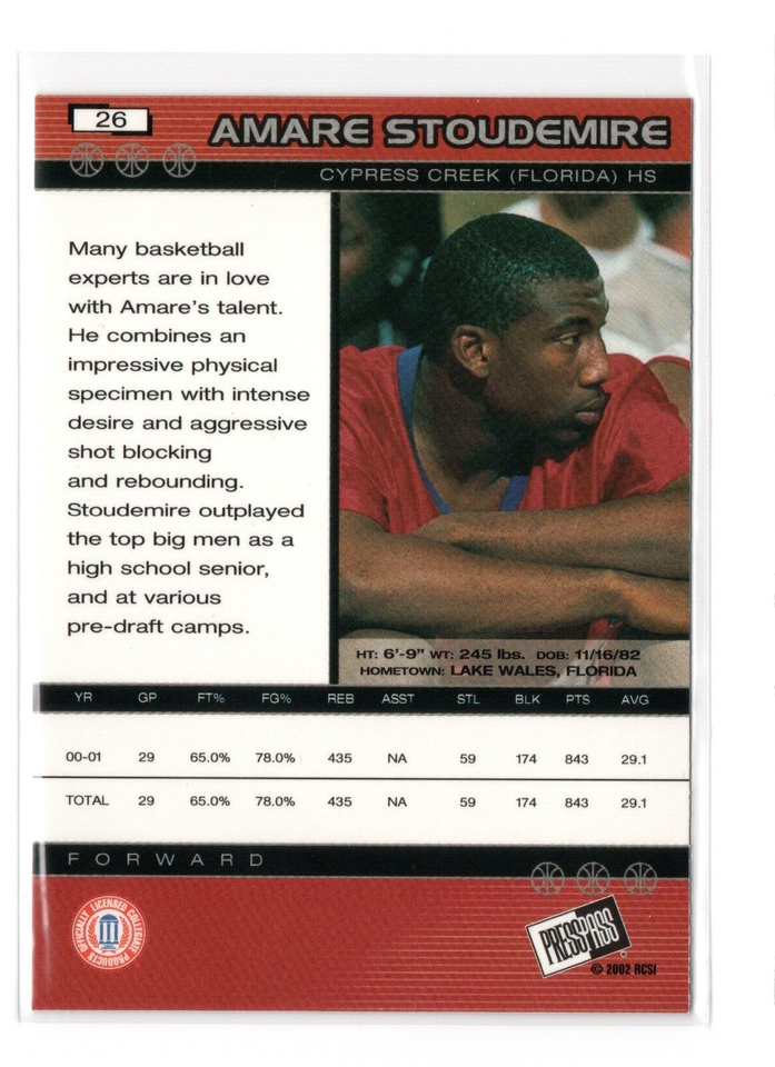 2002 Press Pass Amare Stoudemire #26 RC Draft Rookie Pheonix Suns NBA ...