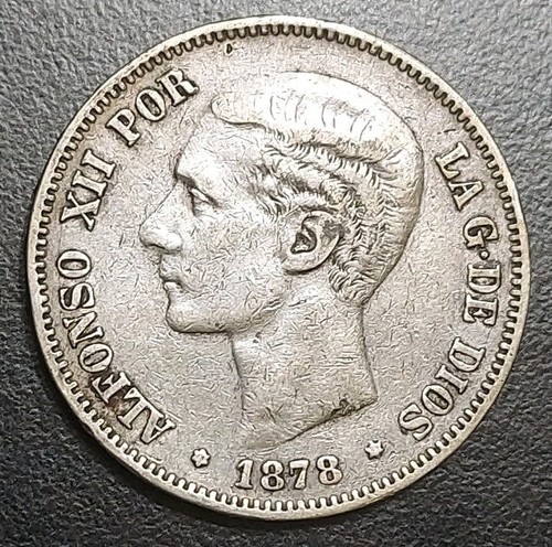 1878 DE M SPAIN 5 PESETAS LARGE CROWN SIZE SILVER OLD COIN ALFONSO XII ...
