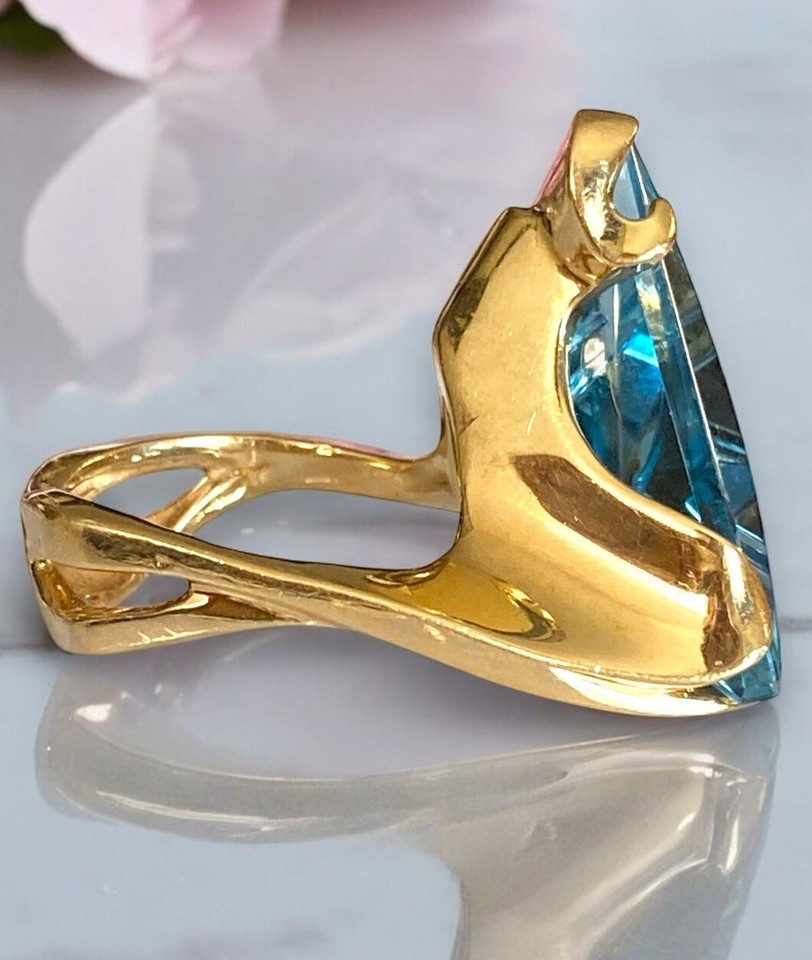 Designer CUSTOM 14k Gold Massive Carved Blue Topaz Abstract Ring Size 6 ...