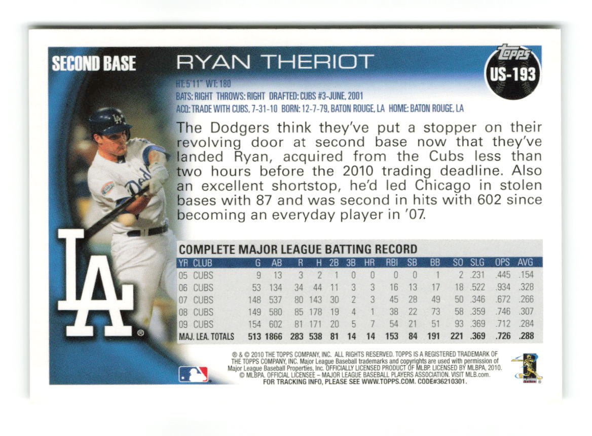 2010 Topps Update Ryan Theriot #US-193 Los Angeles Dodgers Baseball ...