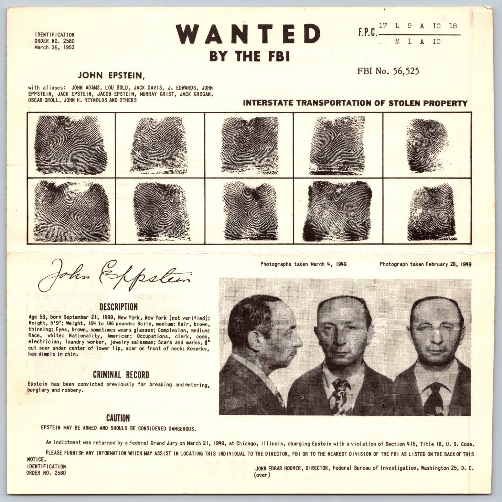 1953 FBI Wanted Poster - John Epstein - Transport of Stolen Property ...