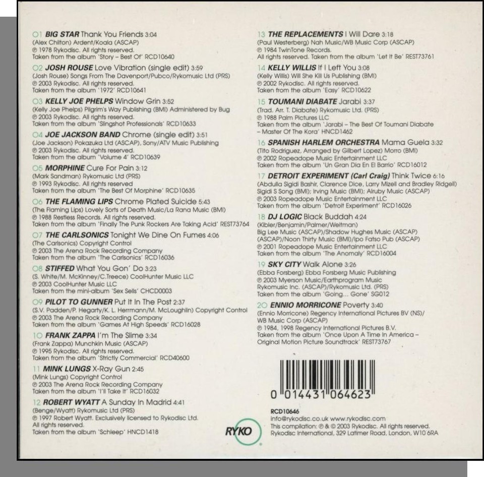 Ryko Rykodisc 1983-2003 - 20 Year Anniversary Sampler - 20 Song Import ...