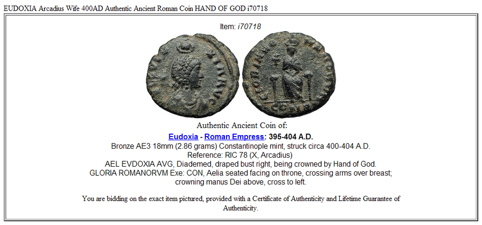 EUDOXIA Arcadius Wife 400AD Authentic Ancient Roman Coin HAND OF GOD ...