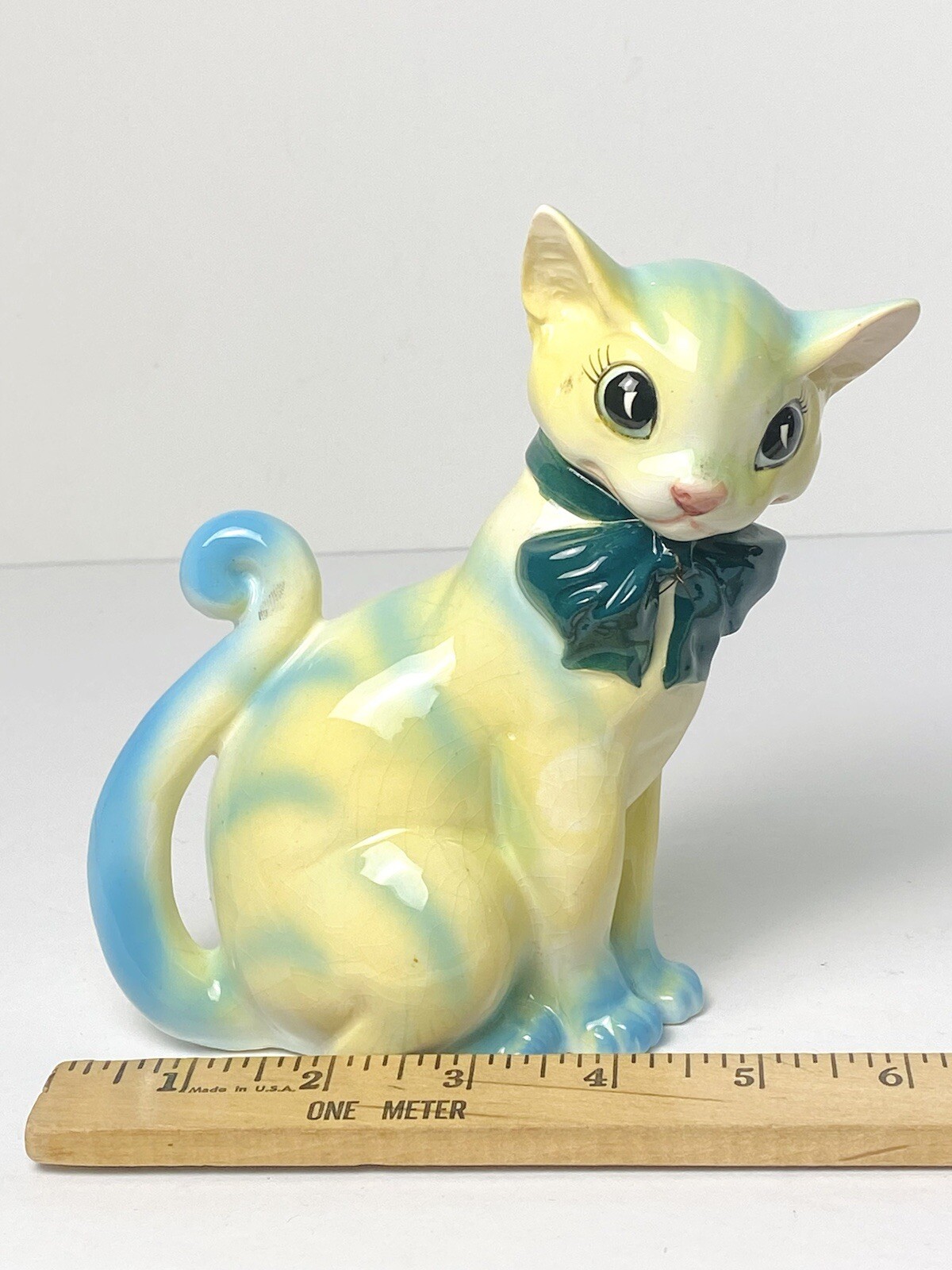 Lipper Mann Cat Figurine 1950s Japan Ceramic Blue Yellow Striped Bow ...