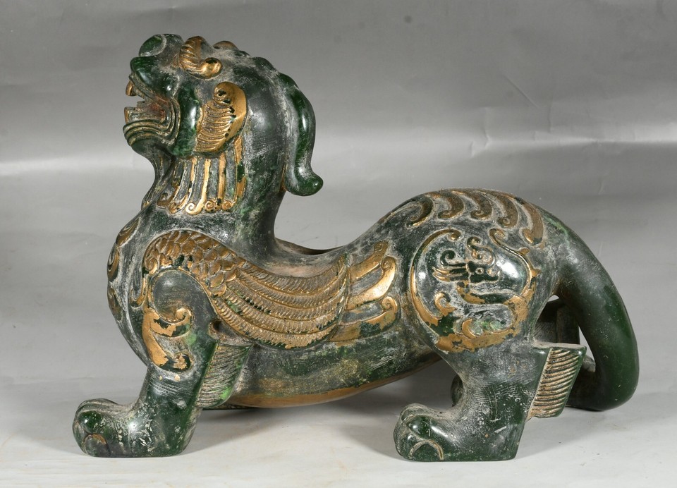 9.4''Old Chinese Dynasty Green Jade Gilt PiXiu Phylactery Guardian ...
