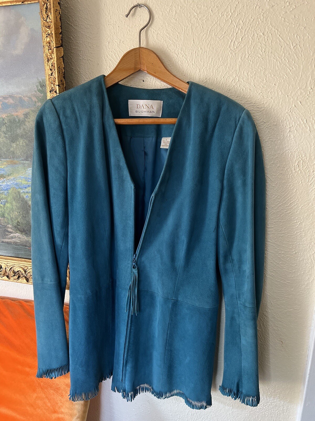DANA BUCHMAN LUXE TURQUOISE SUEDE JACKET MED/SZ 8 LINED FRINGE BUST 38 ...