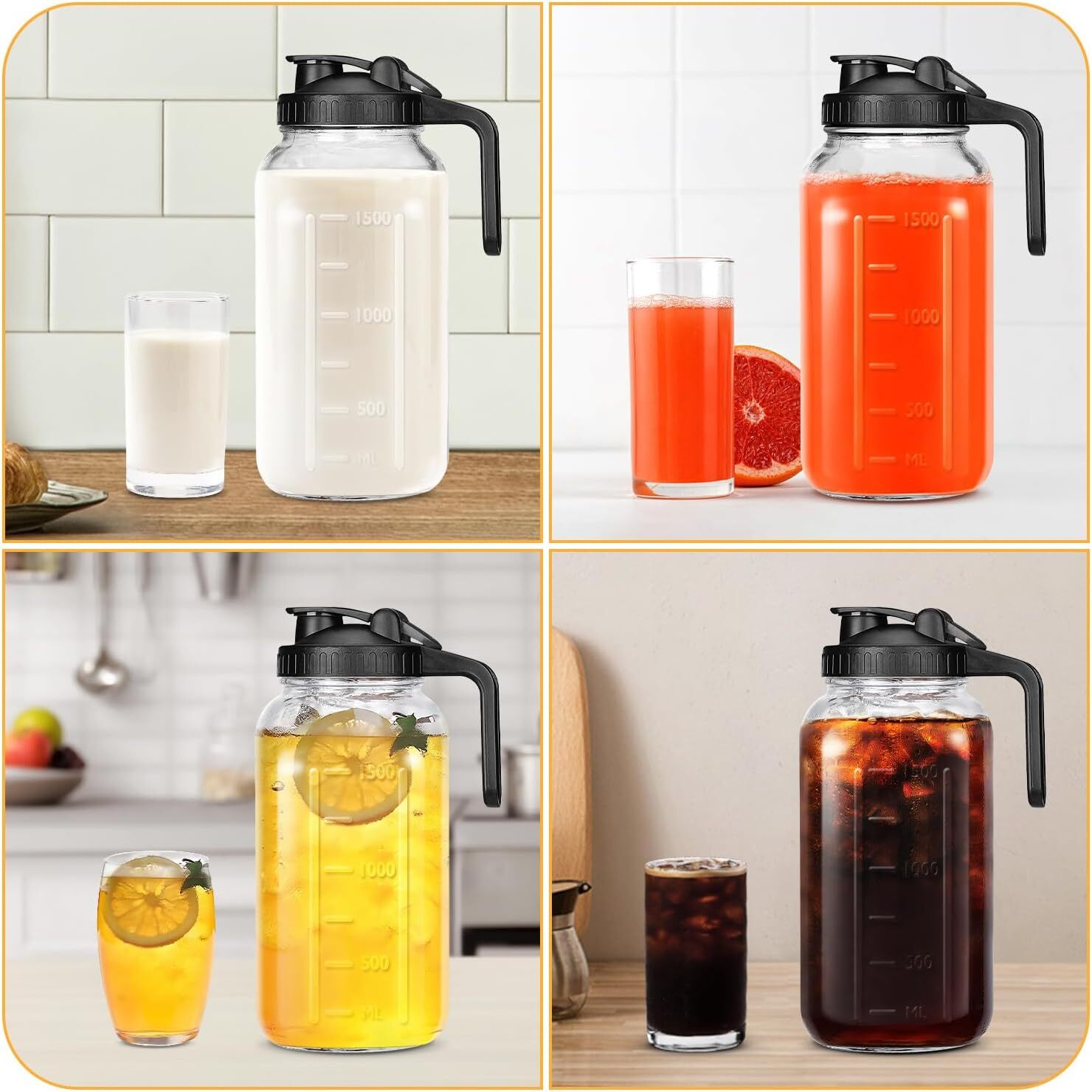 Mason Jar Pitcher With Pour Spout Handle Lid, 2 Quart (64 Oz / 1.9 ...