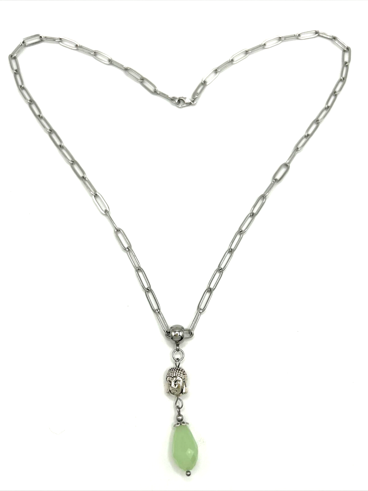 Buddha Head Pendant 22" Necklace with Jade Green Glass Teardrop ...