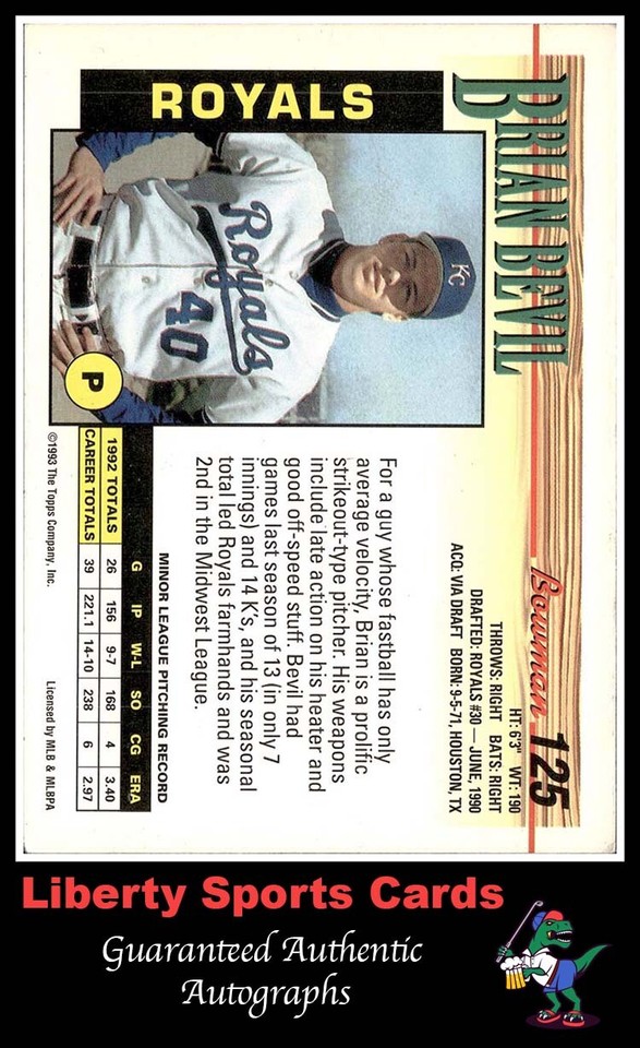 1993 Bowman Brian Bevil #125 Authentic Autographed Card Kansas City ...
