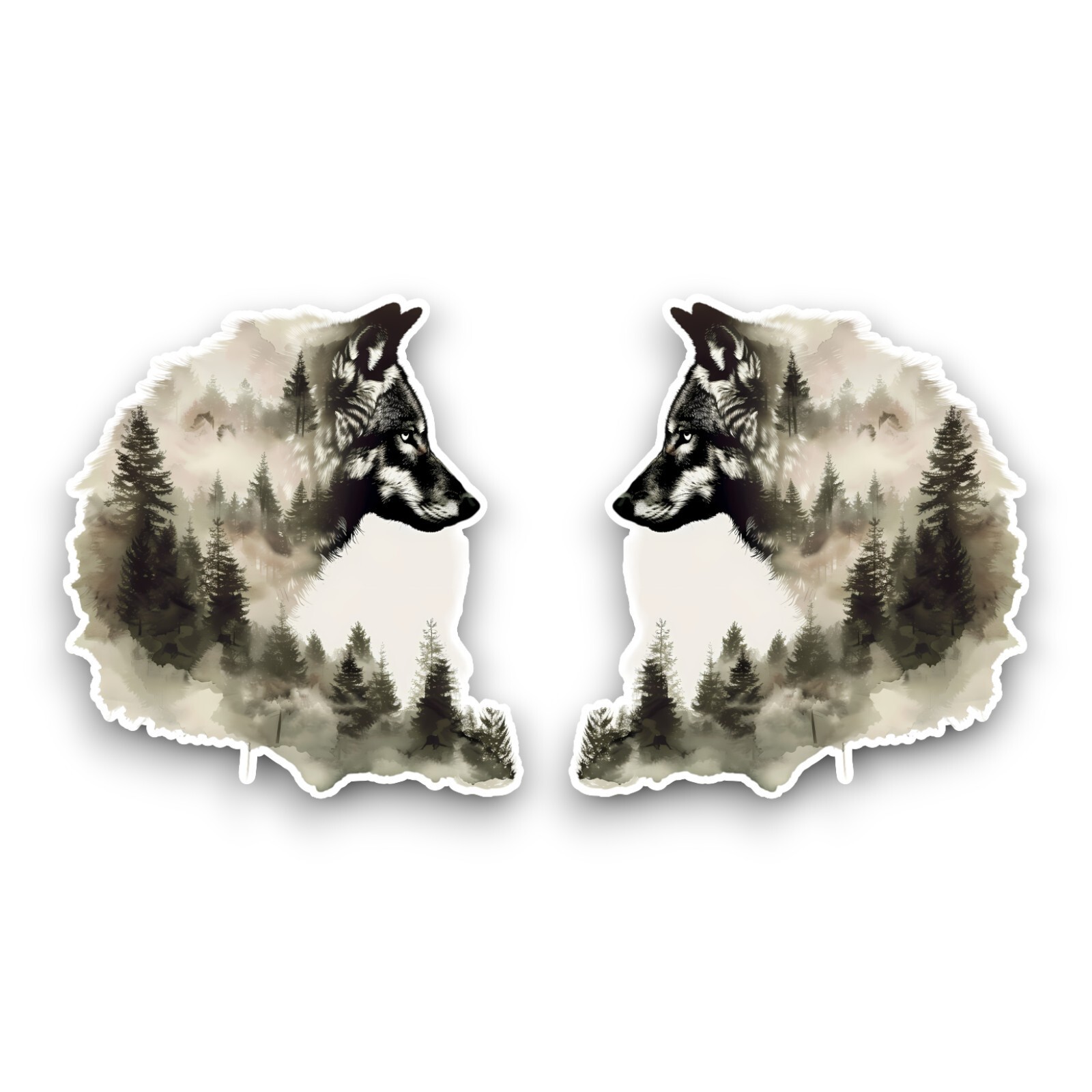 2x Small Grey Wolf With Forest Double Exposure Animal Vinyl Sticker ...