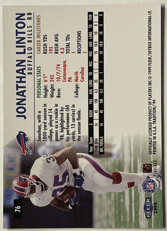 1999 Fleer Tradition Football Card #76 Jonathan Linton | eBay