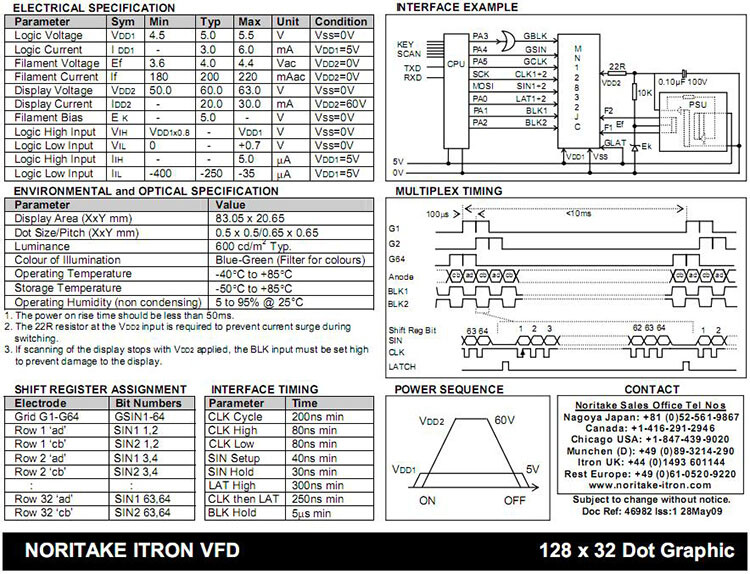 128*32 VFD Graphic Dot Matrix Chip In Glass VFD Screen Noritake-itron ...