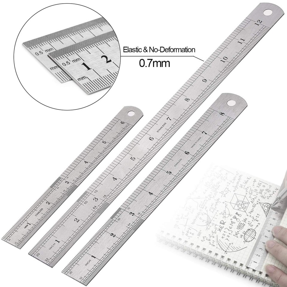 Ruler Set 6 8 12 Inch Metal Ruler With Inch Metric 3 Pcs Stainless ...