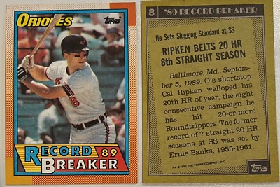 1990 Topps Cal Ripken Jr Record Breaker 8 Baltimore Orioles HOF | eBay