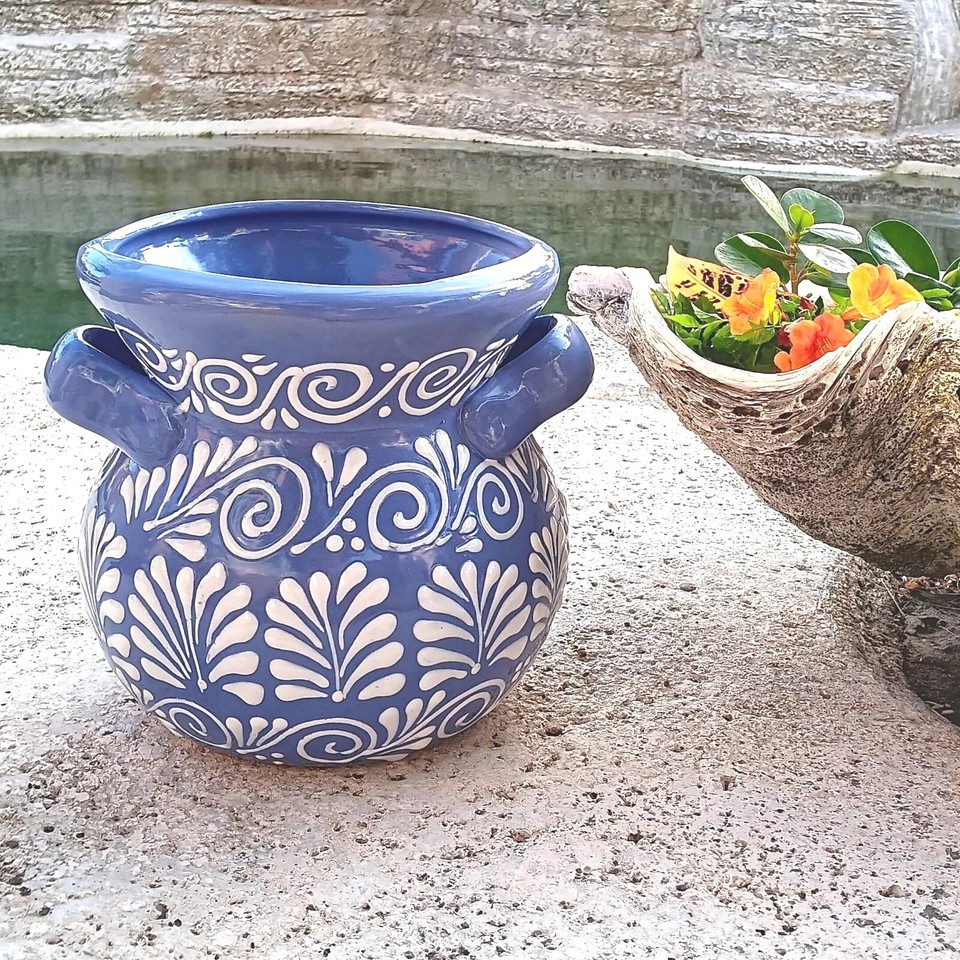 Talavera Pottery Planter Mexican Flower Pot Periwinkle Blue White Large ...
