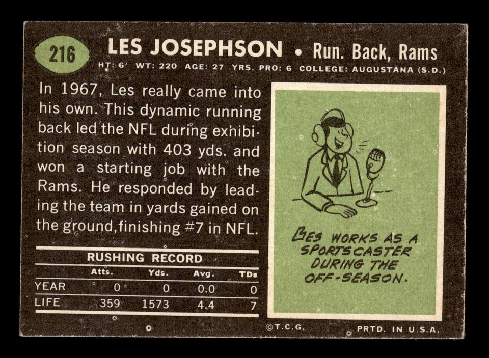 Les Josephson 1969 Topps #216 Los Angeles Rams GD-VG | eBay