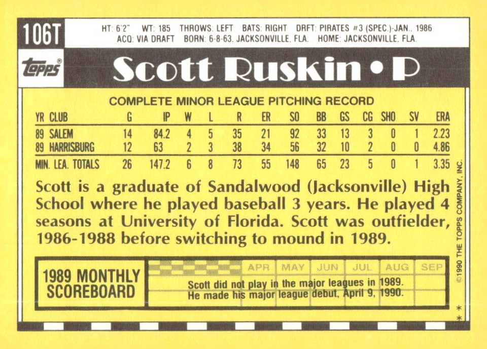 1990 Topps Traded #106T Scott Ruskin - Pittsburgh Pirates | eBay