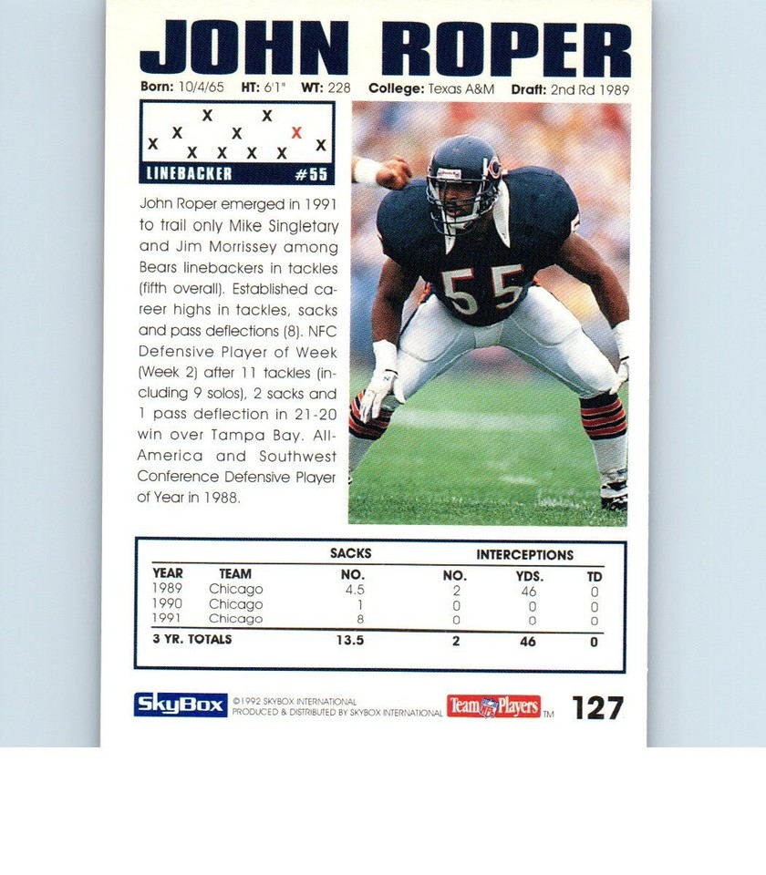 John Roper 127 Bears 1992 Skybox Football Trading Card | eBay