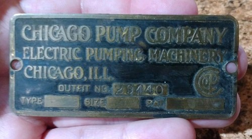 Vintage Chicago Pump Co. Electric Pumping Machinery Brass Tag Company ...