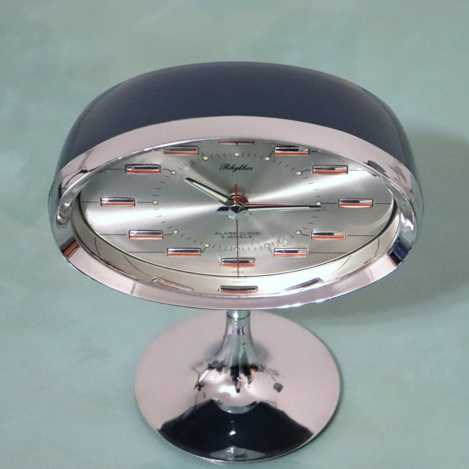 RHYTHM 51141 TOP! Clock Mantel Alarm Vintage Space Age Blue CHROME Desk ...