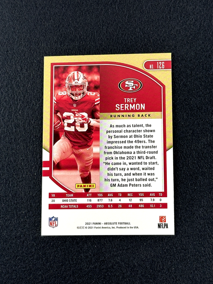 2021 Panini Absolute Football TREY SERMON Rookie Card RC #126 San Fran ...