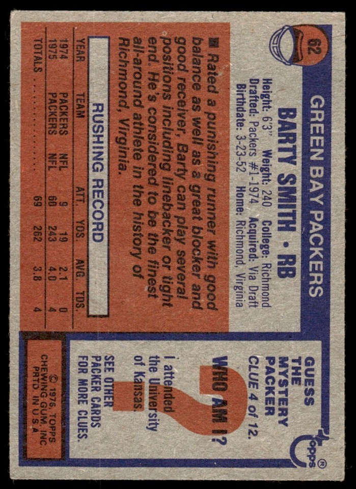 1976 Topps Barty Smith Rookie Green Bay Packers #62 | eBay