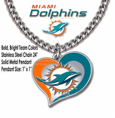 MIAMI DOLPHINS NECKLACE Stainless Steel Chain Heart Love NFL Football ...