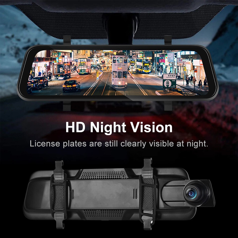 9.66" Rear View Mirror Dash Cam Wireless Apple CarPlay Android Auto GPS ...
