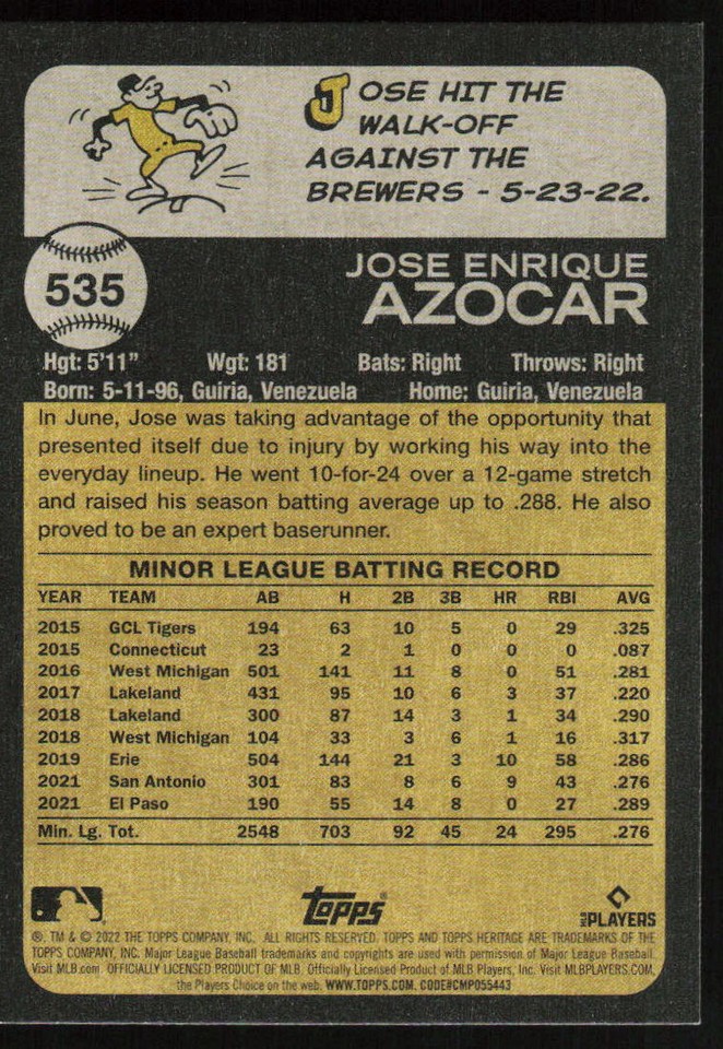 2022 Topps Heritage Jose Azocar #535 BASEBALL Rookie San Diego Padres ...