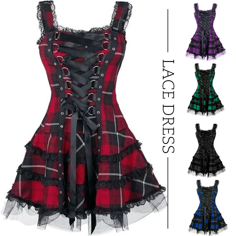 Women Gothic Vintage Plaid Dress Frill Lace Ruffle Gowns Short Dress ...