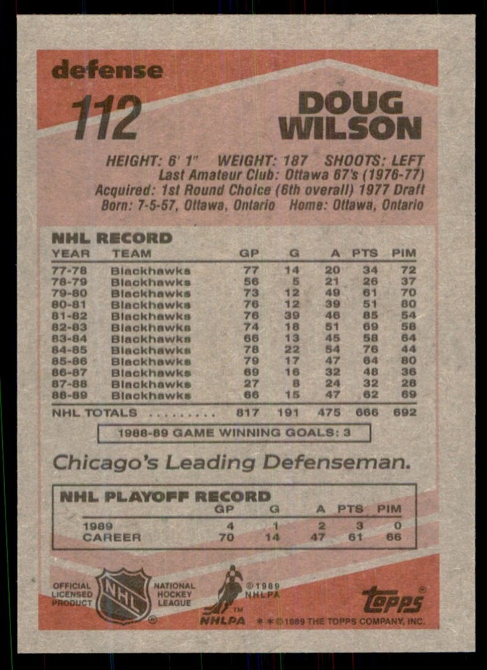1989-90 TOPPS DOUG WILSON CHICAGO BLACKHAWKS #112 | eBay