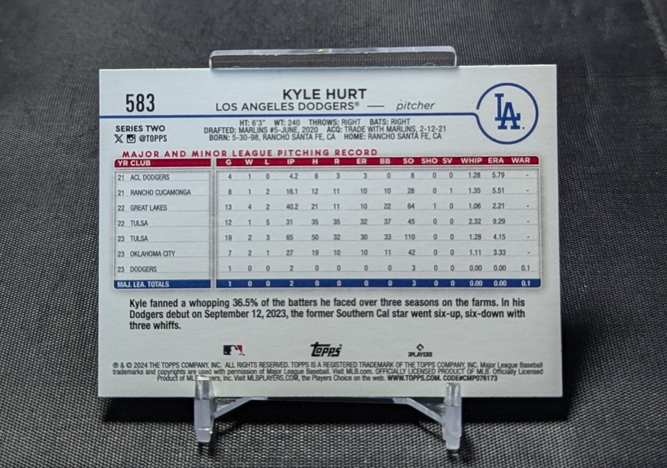 Kyle Hurt Rookie RC 2024 Topps Series 2 Baseball Card #583 Los Angeles ...