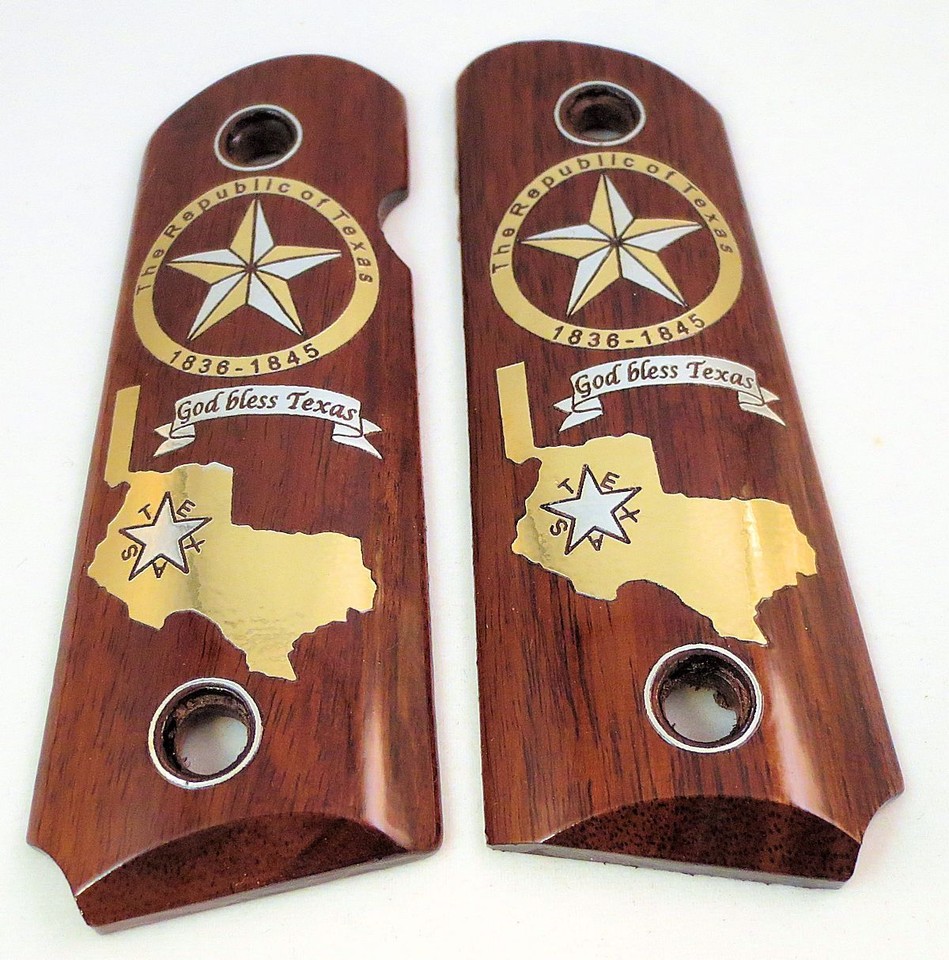 Compact 1911 custom engraved wood grips gold silver Republic of Texas ...
