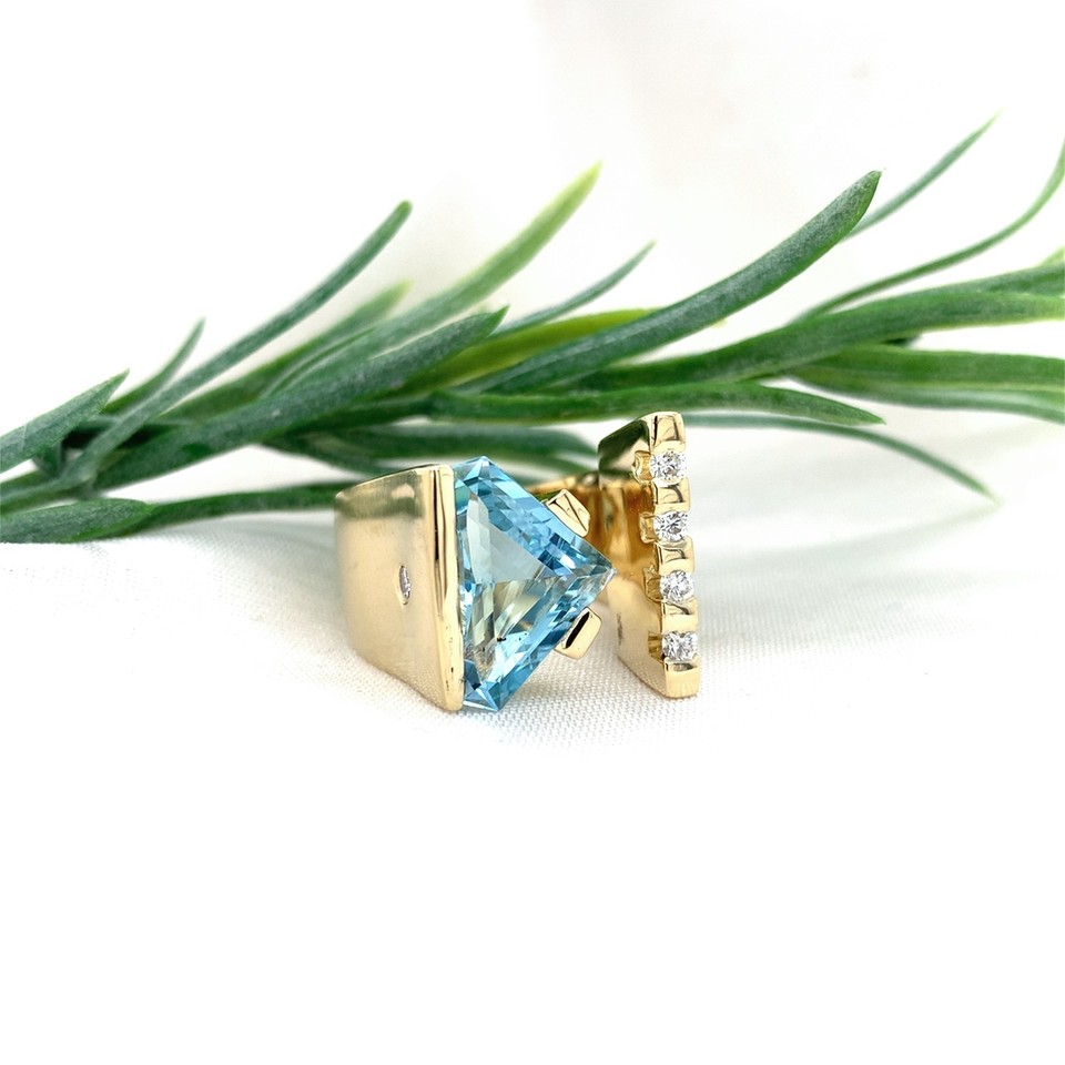 14k Yellow Gold Heavy Modern Genuine Natural Aquamarine Diamond Ring (# ...