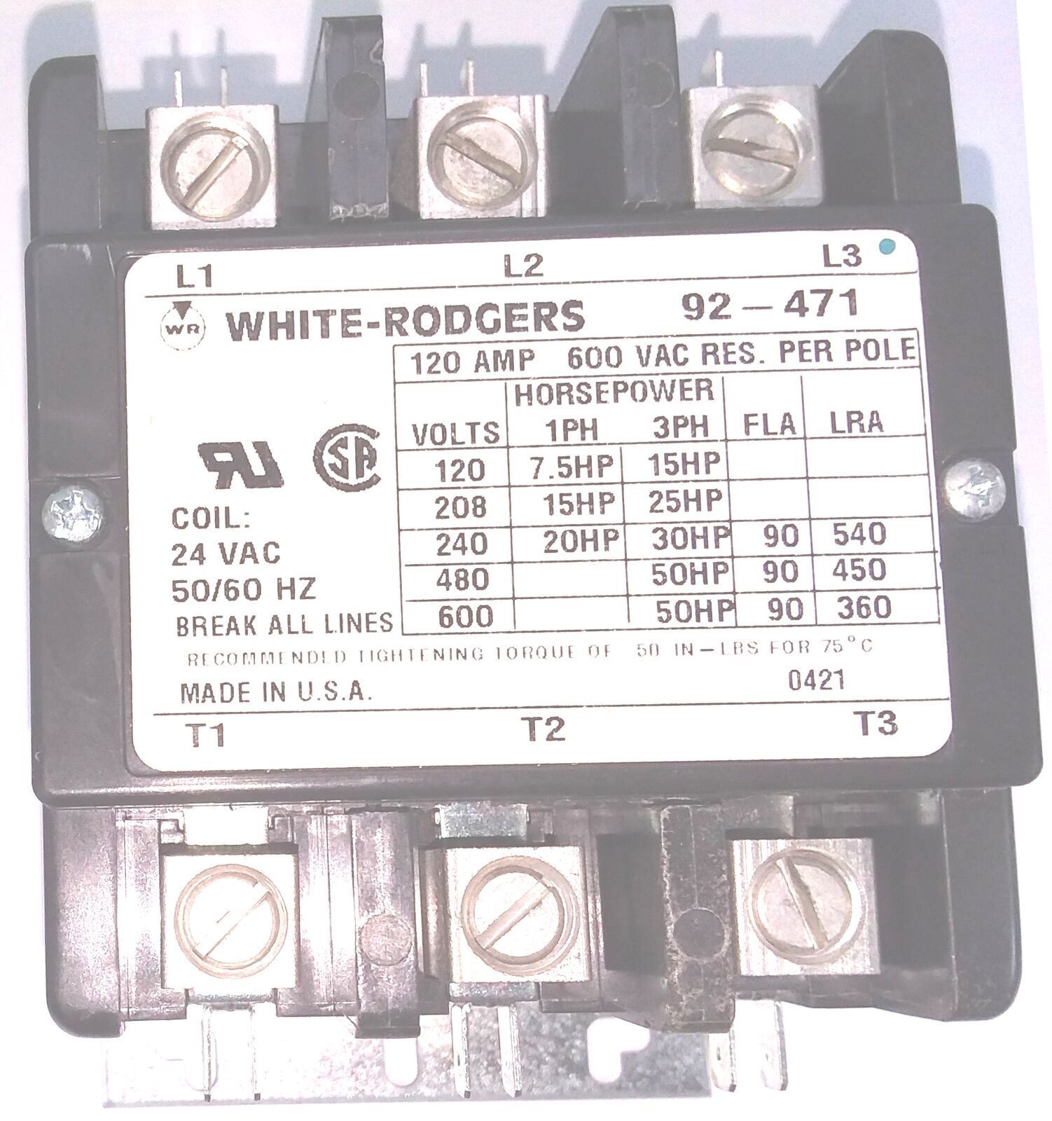 White-Rodgers 92-471 120A 24vcoil 3P 600V definite purpose relay ...
