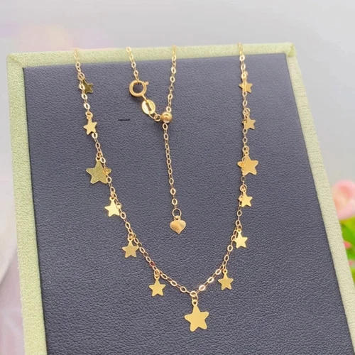 Pure 18K Yellow Gold Chain Women Star Tassel O Link Adjust Necklace 17 ...