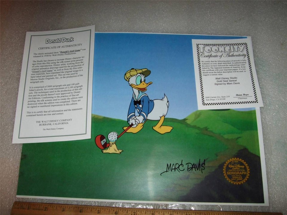 Donald Duck Golf Hand Signed Disney Sericel Cel FREE background MARC ...