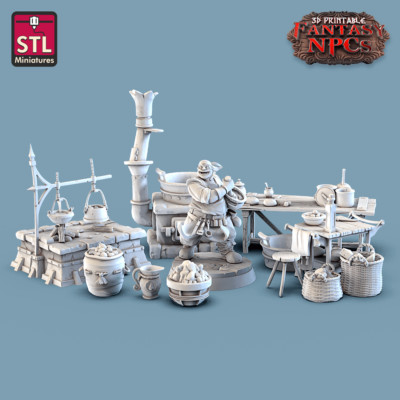 3D Printed STL Miniatures Cook Set Fantasy NPC 28mm - 32mm War Gaming D ...