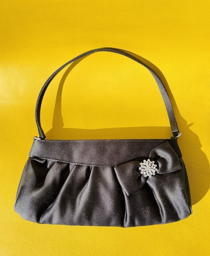 Satin Black Small Handbag Clutch Purse Bag with Rhinestone Brooch Bow ...