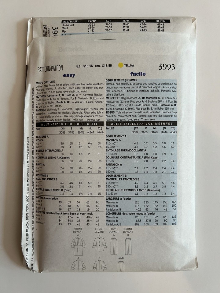 Butterick 3993 Sherlock Holmes & Bobby Constable Costume Sewing Pattern ...